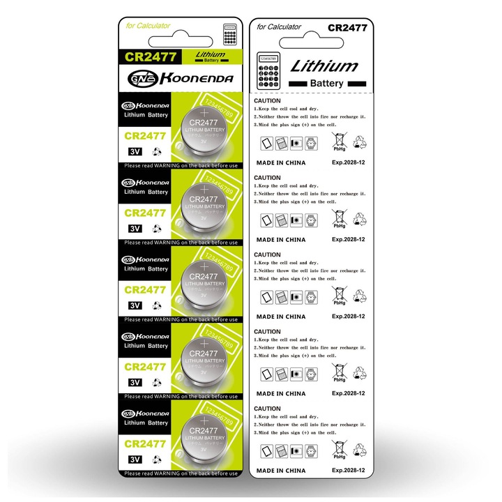 Set de 5 baterii buton CR2477 Koonenda, lithium 3V, 1000mAh, 24.5x7.7mm ...