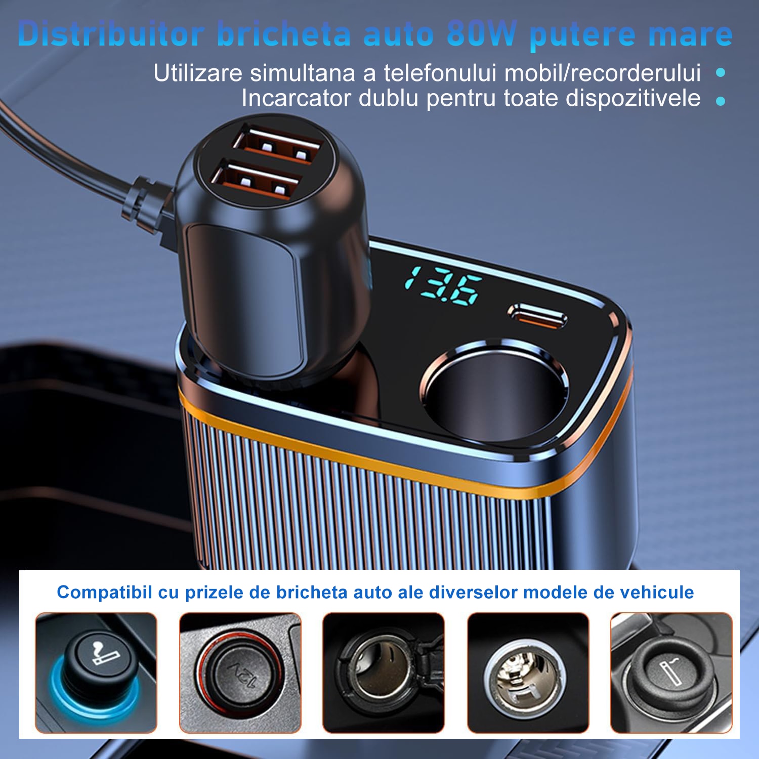 Adaptor Priza Auto, 6 in 1, BYONDSELF®, 145W, PD 45W, 2 Prize Bricheta ...