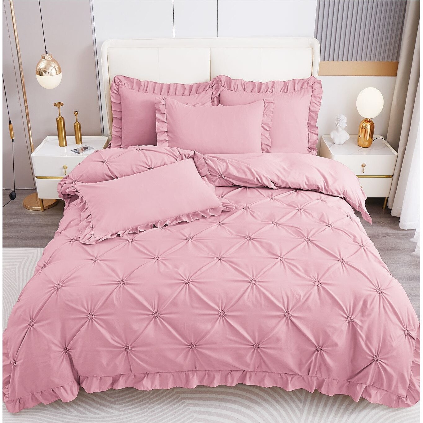 Set Lenjerie de pat dublu, cu volanase, 4 piese, cearceaf de pat cu ...