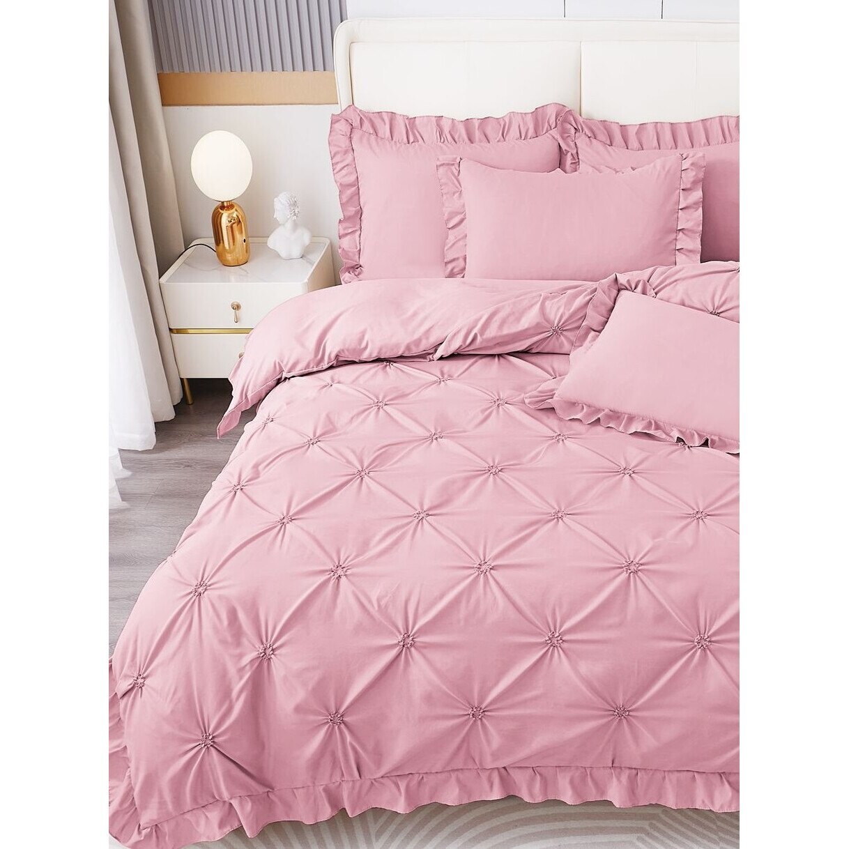 Set Lenjerie de pat dublu, cu volanase, 4 piese, cearceaf de pat cu ...