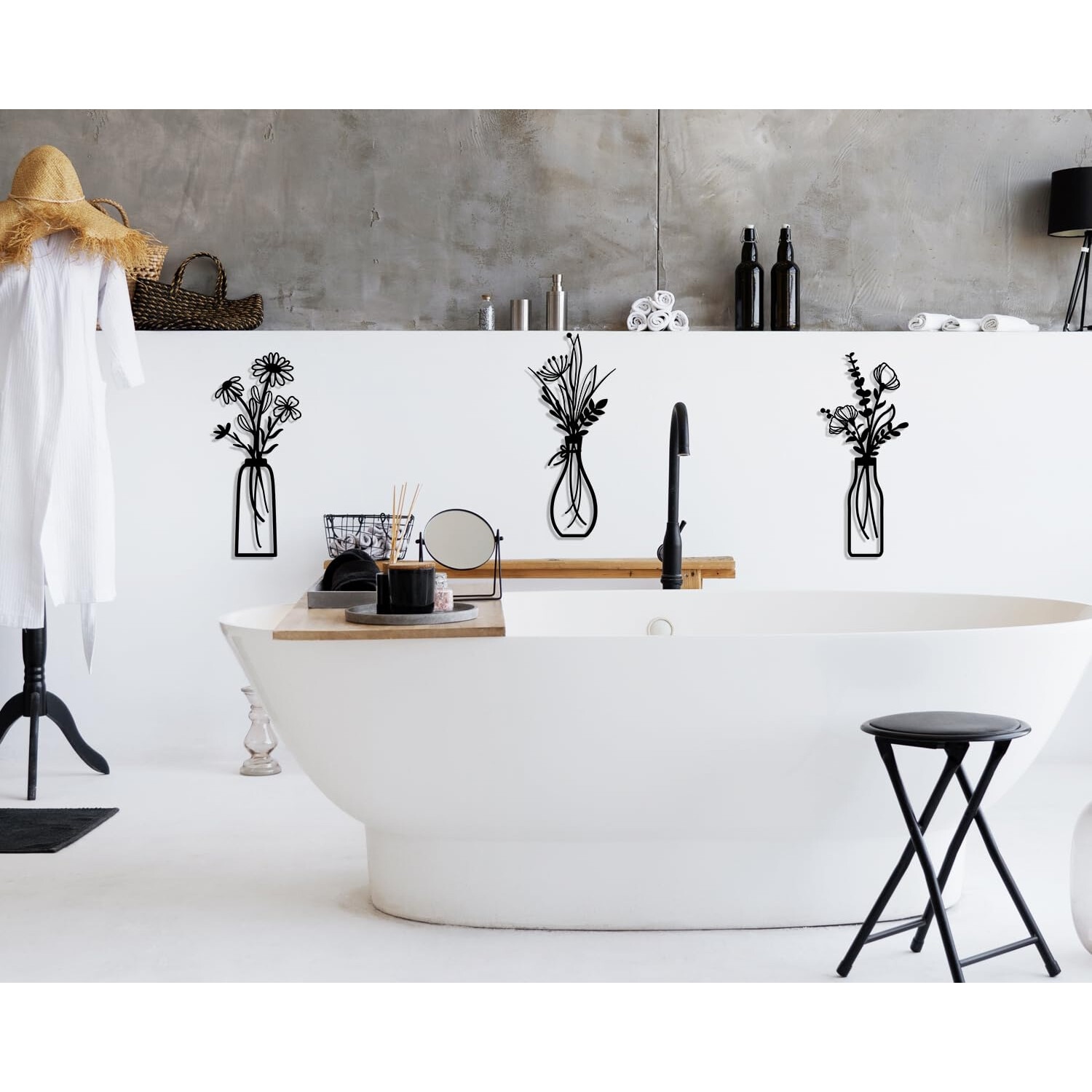 Set 3 Piese Arta de Perete Metalica - Flori Negre Minimaliste pentru ...