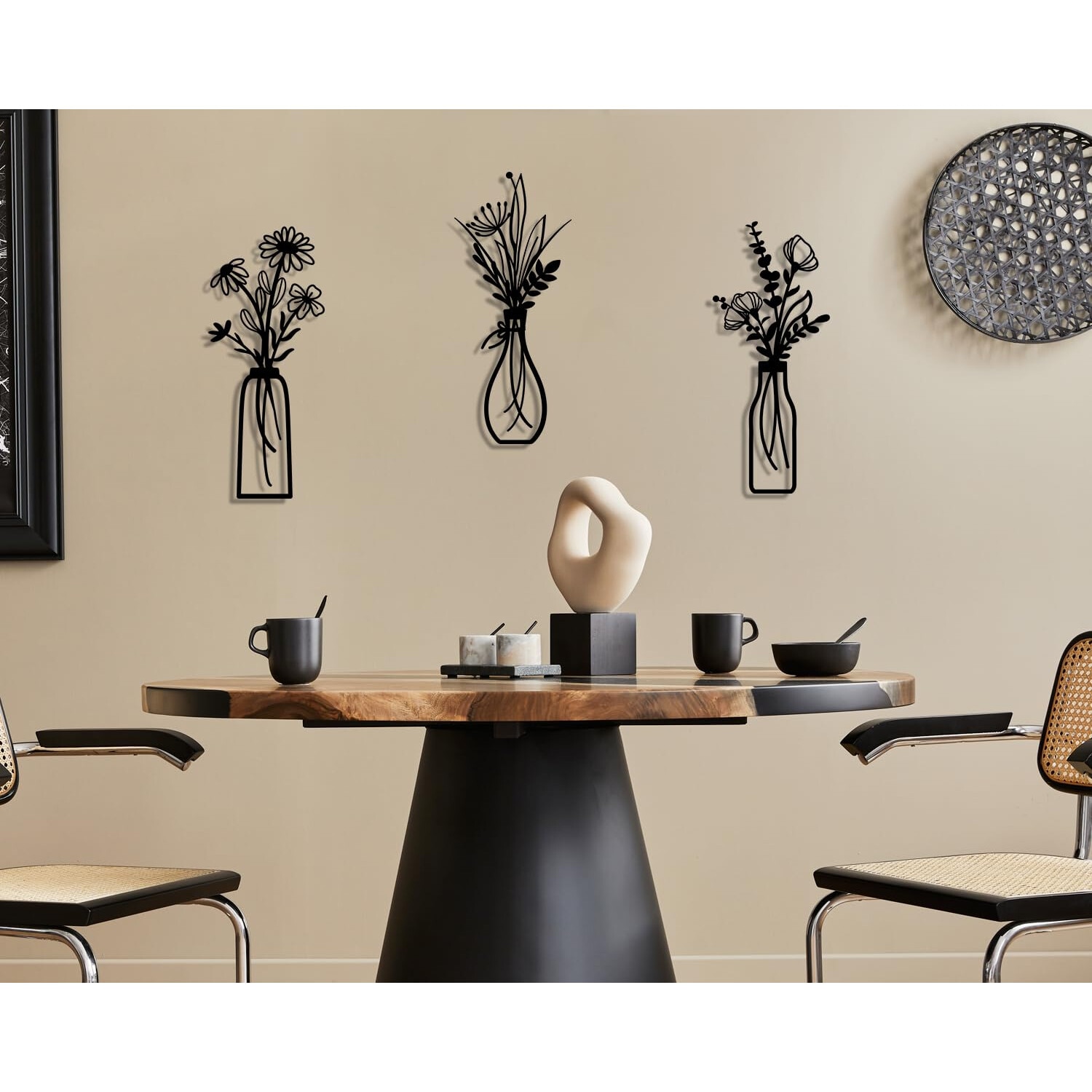 Set 3 Piese Arta de Perete Metalica - Flori Negre Minimaliste pentru ...