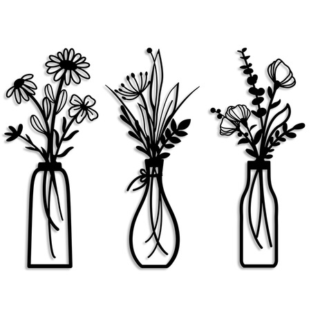 Set 3 Piese Arta de Perete Metalica - Flori Negre Minimaliste pentru ...