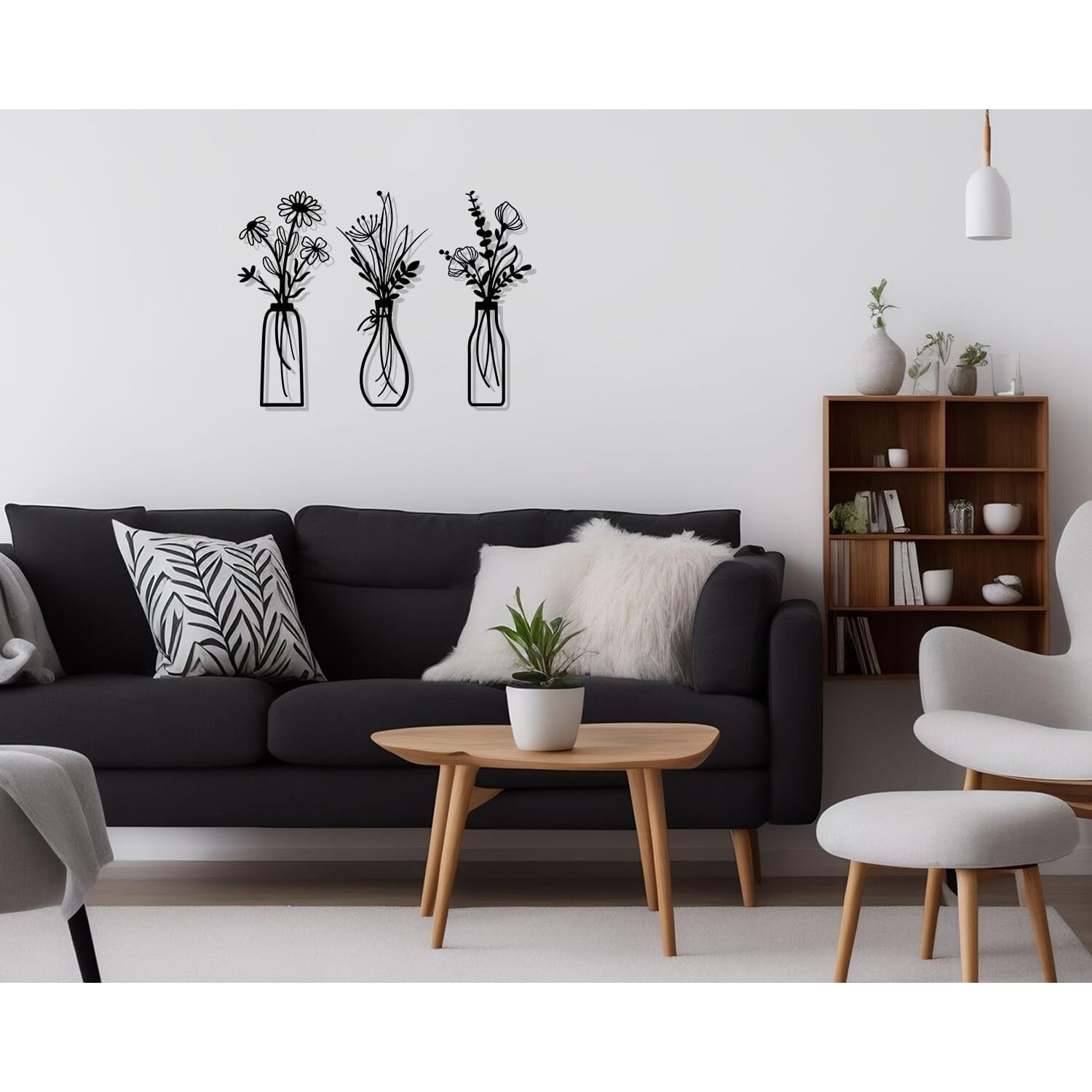 Set 3 Piese Arta de Perete Metalica - Flori Negre Minimaliste pentru ...
