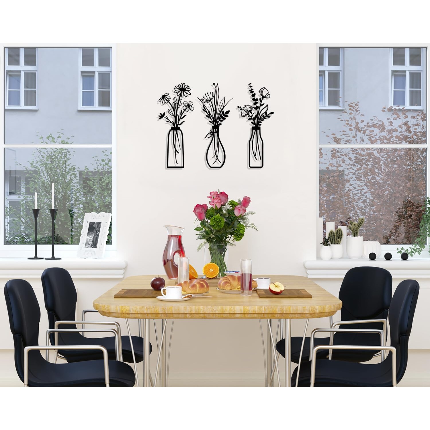 Set 3 Piese Arta de Perete Metalica - Flori Negre Minimaliste pentru ...