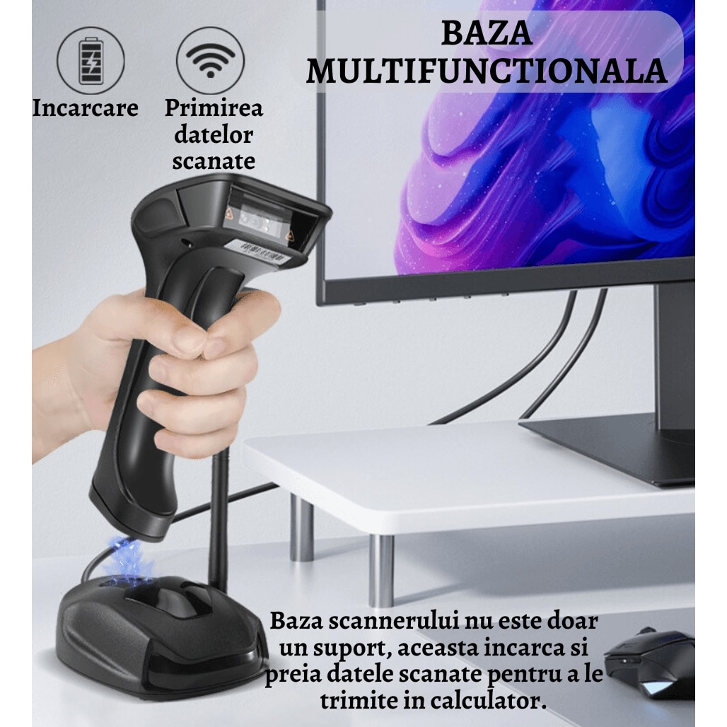 Cititor coduri de bare fara fir, MOGODA, 1D/2D/QR, Wireless si ...