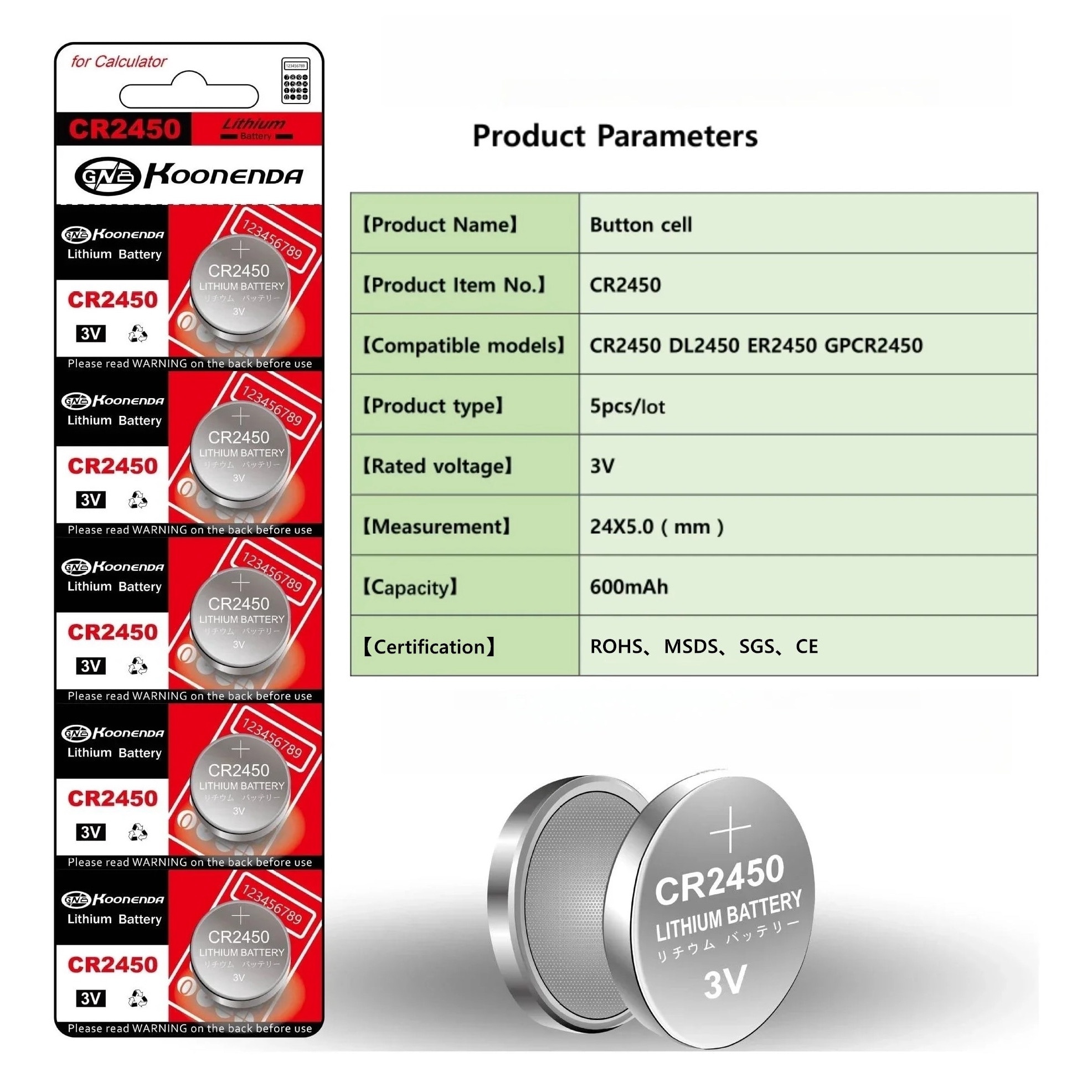 Set 5 baterii CR2450 Koonenda, Lithium, 3V, 24.5mm - eMAG.ro