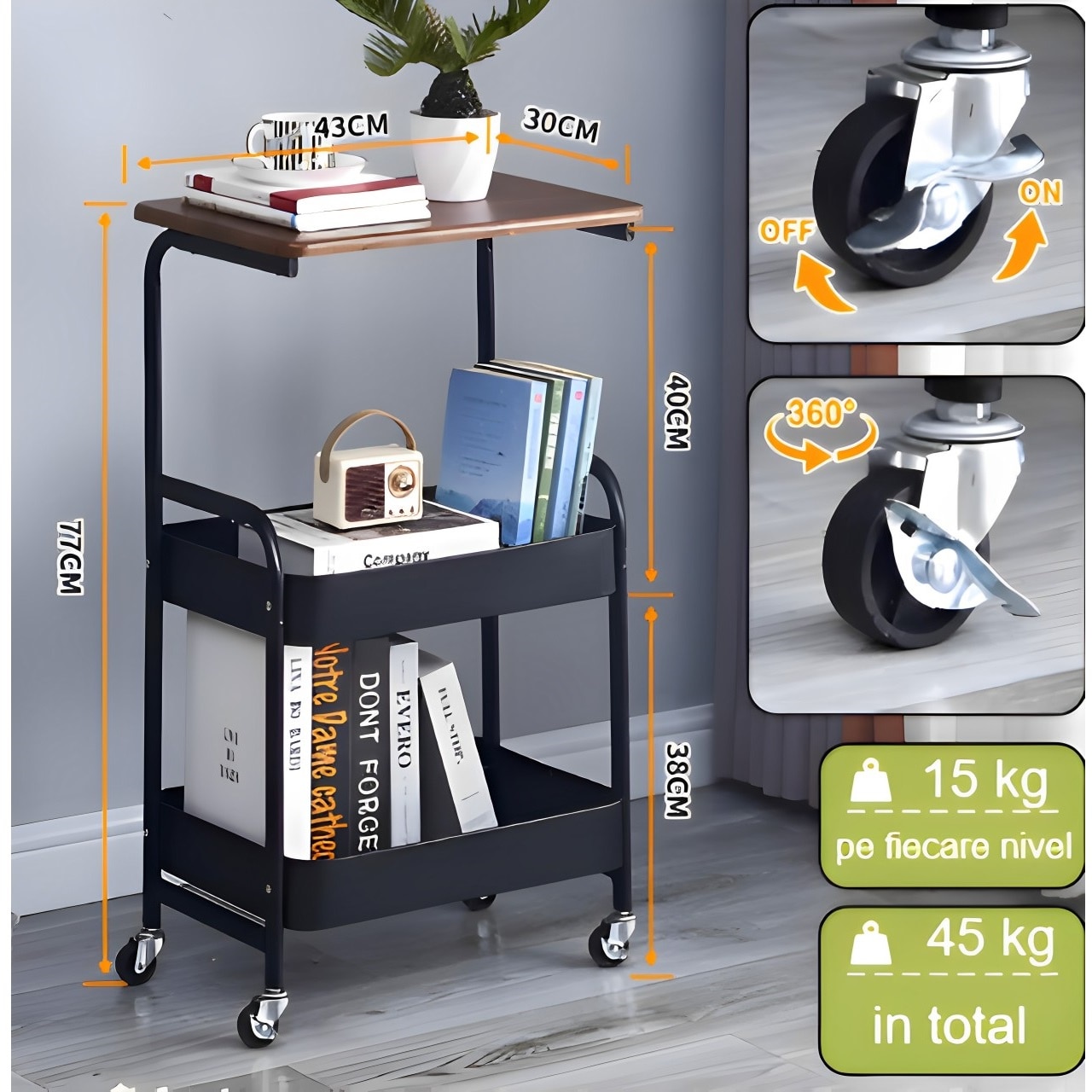 Masuta cu 2 rafturi pentru depozitare, blat din MDF, roti, Herum, Negru ...