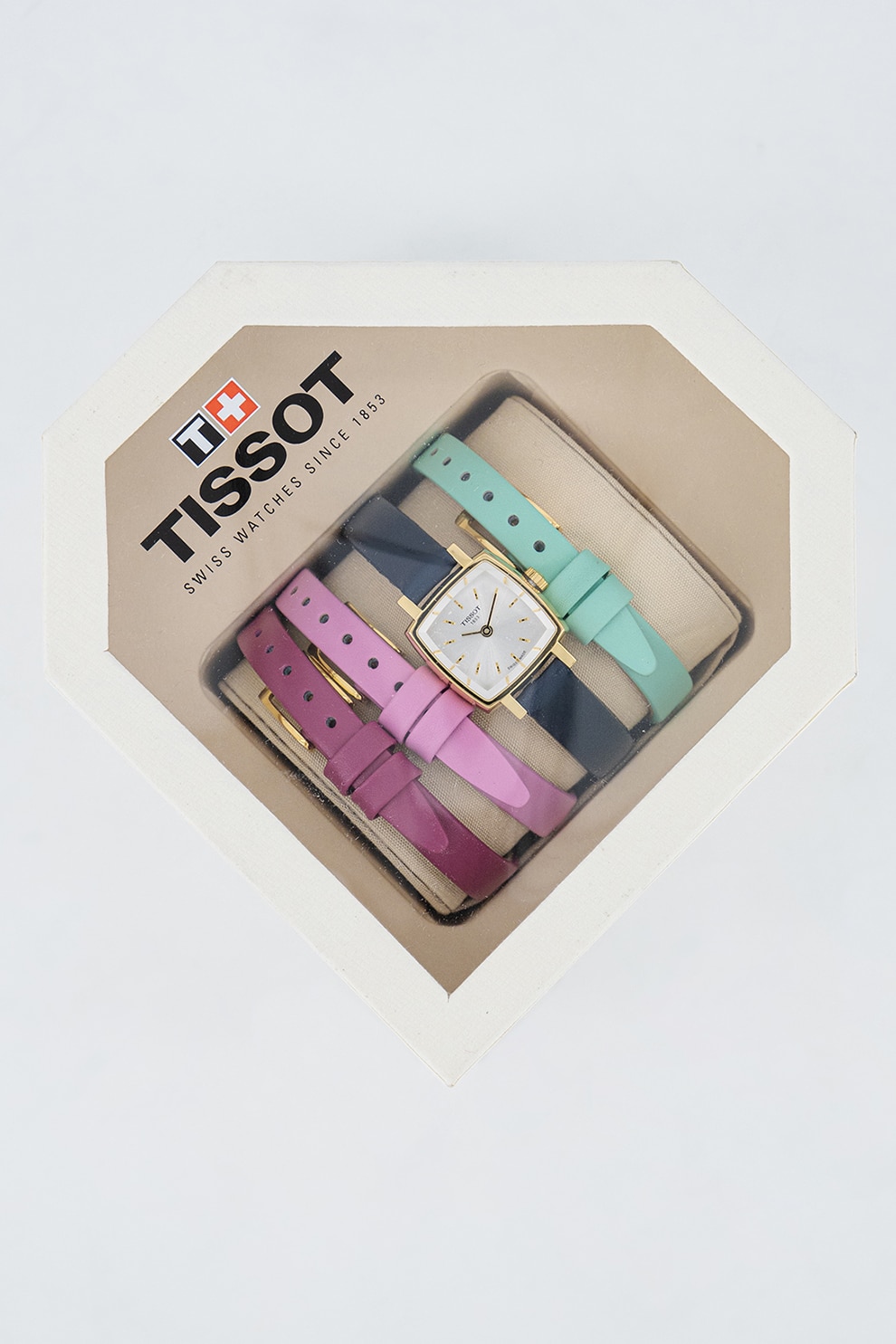 Tissot, Ceas patrat cu mulitple curele din piele, Verde, Roz, Bleumarin ...