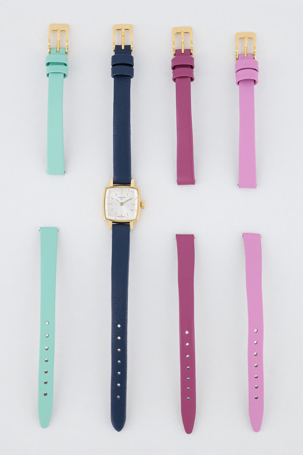 Tissot, Ceas patrat cu mulitple curele din piele, Verde, Roz, Bleumarin ...