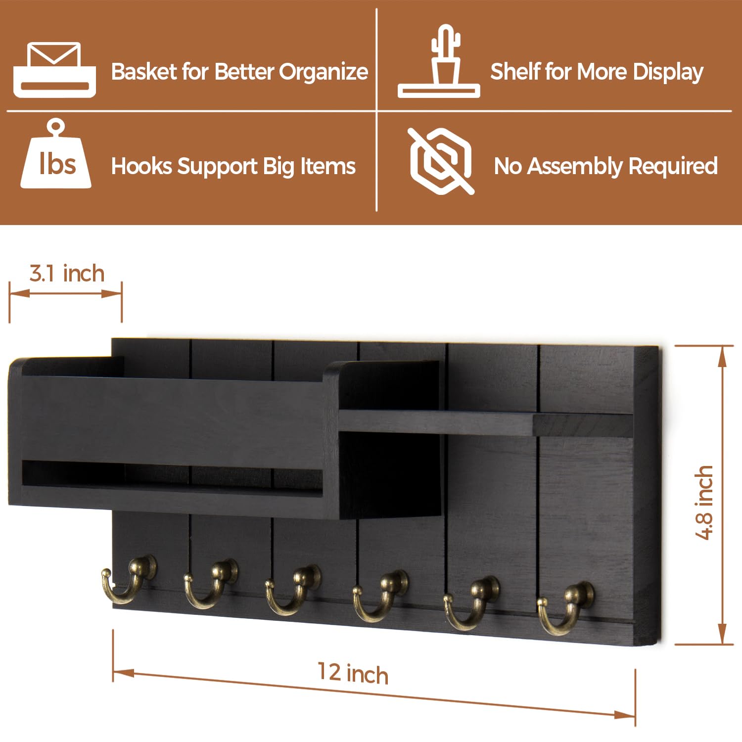 Suport de chei cu raft, OVERTANG, 6 carlige, lemn, negru, 3 1/9''x7 7/8 ...