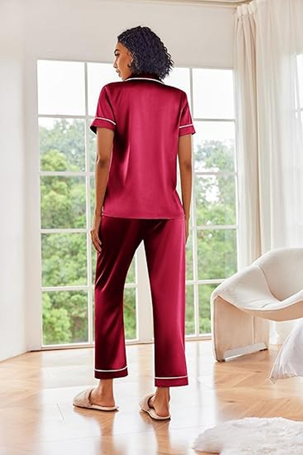 Pijama Dama Satin, SINBINTA, Design cu rever, Model cu nasturi si ...