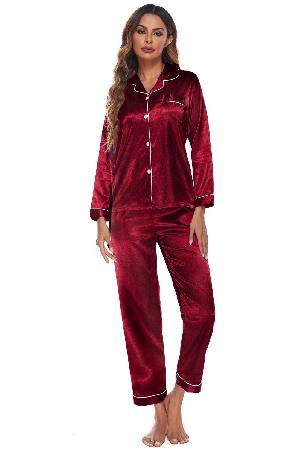 Pijama Dama Satin, SINBINTA, Design cu rever, Model cu nasturi si ...