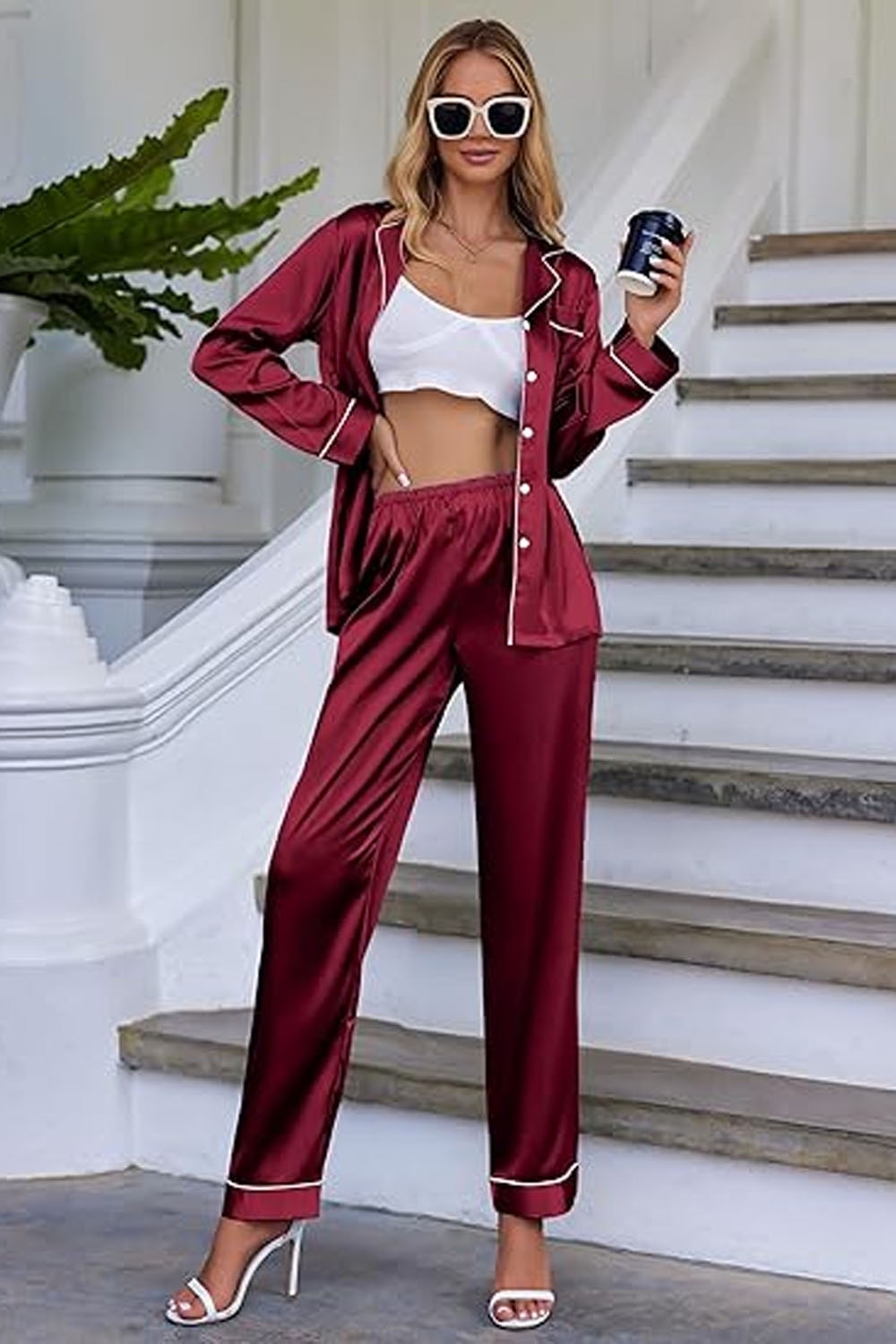 Pijama Dama Satin, SINBINTA, Design cu rever, Model cu nasturi si buzunar la piept, Usor de pus ...