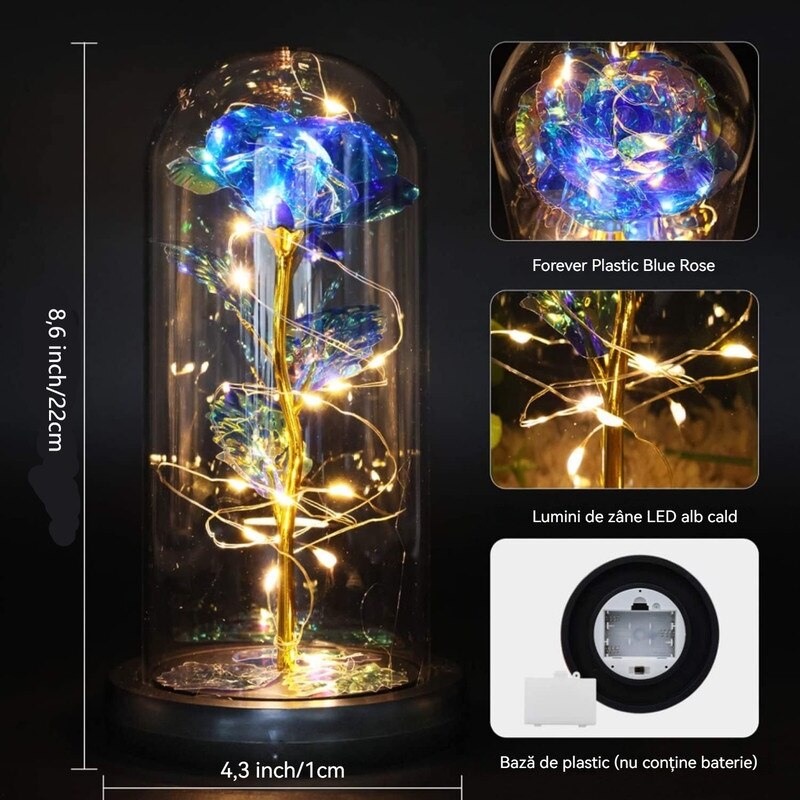 Floare de trandafir etern cu LED in dome de sticla, Baza din plastic ...