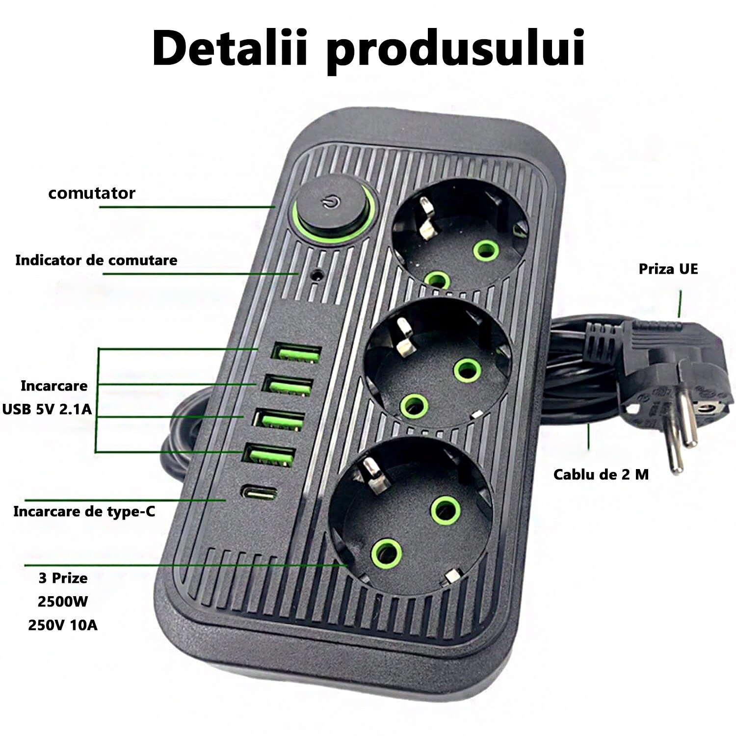 Prelungitor, BYONDSELF®, 2500W, 3 Prize, 4 USB A, 2M, cu 3 Capace de ...