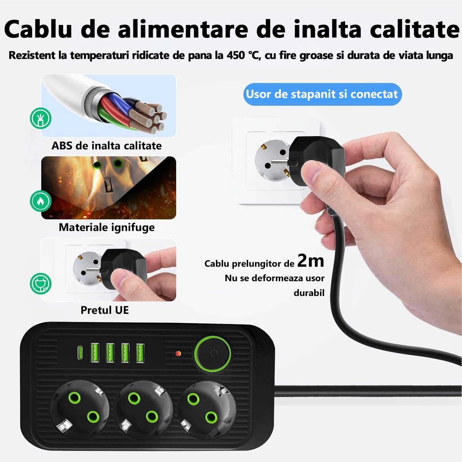 Prelungitor, BYONDSELF®, 2500W, 3 Prize, 4 USB A, 2M, cu 3 Capace de ...