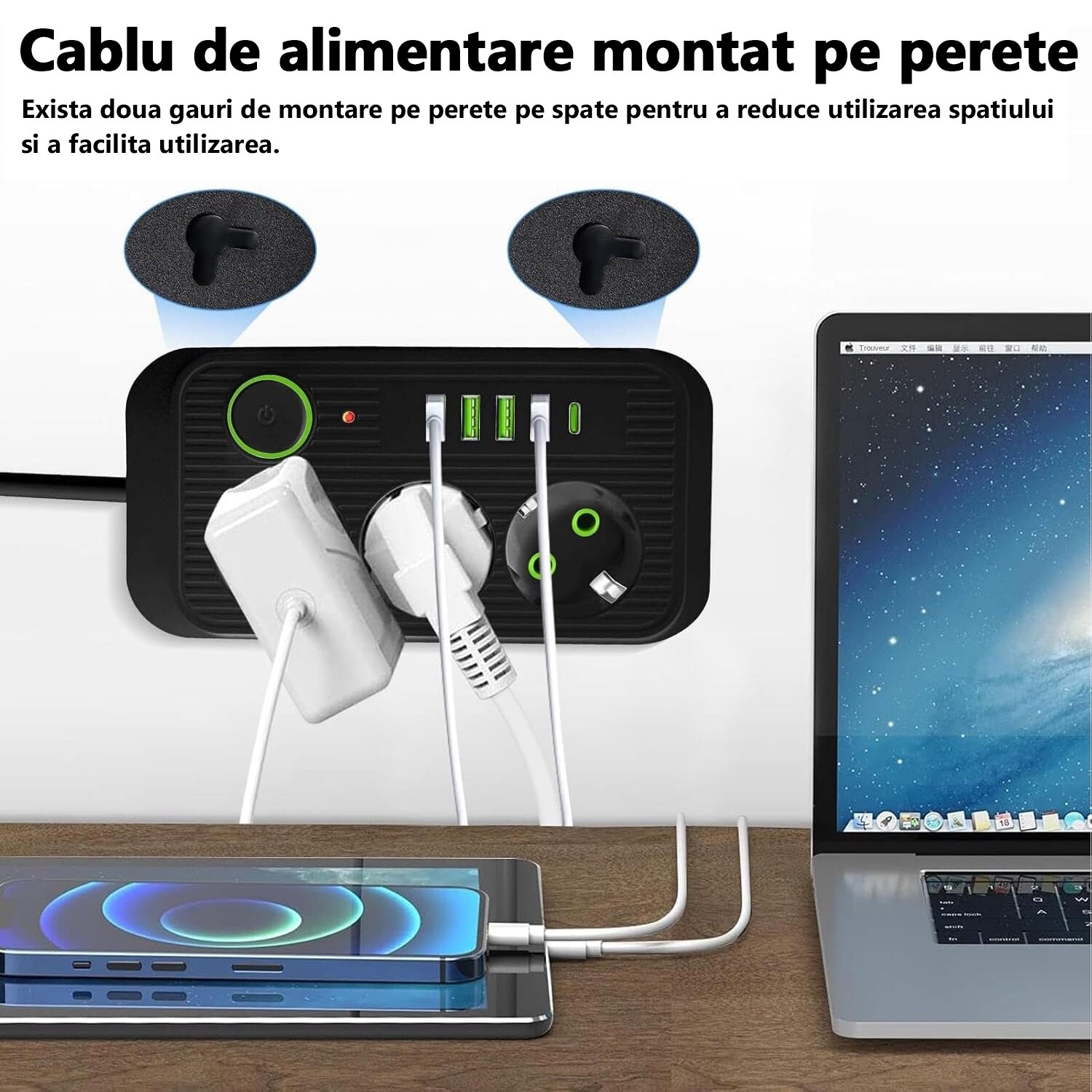 Prelungitor, BYONDSELF®, 2500W, 3 Prize, 4 USB A, 2M, cu 3 Capace de ...