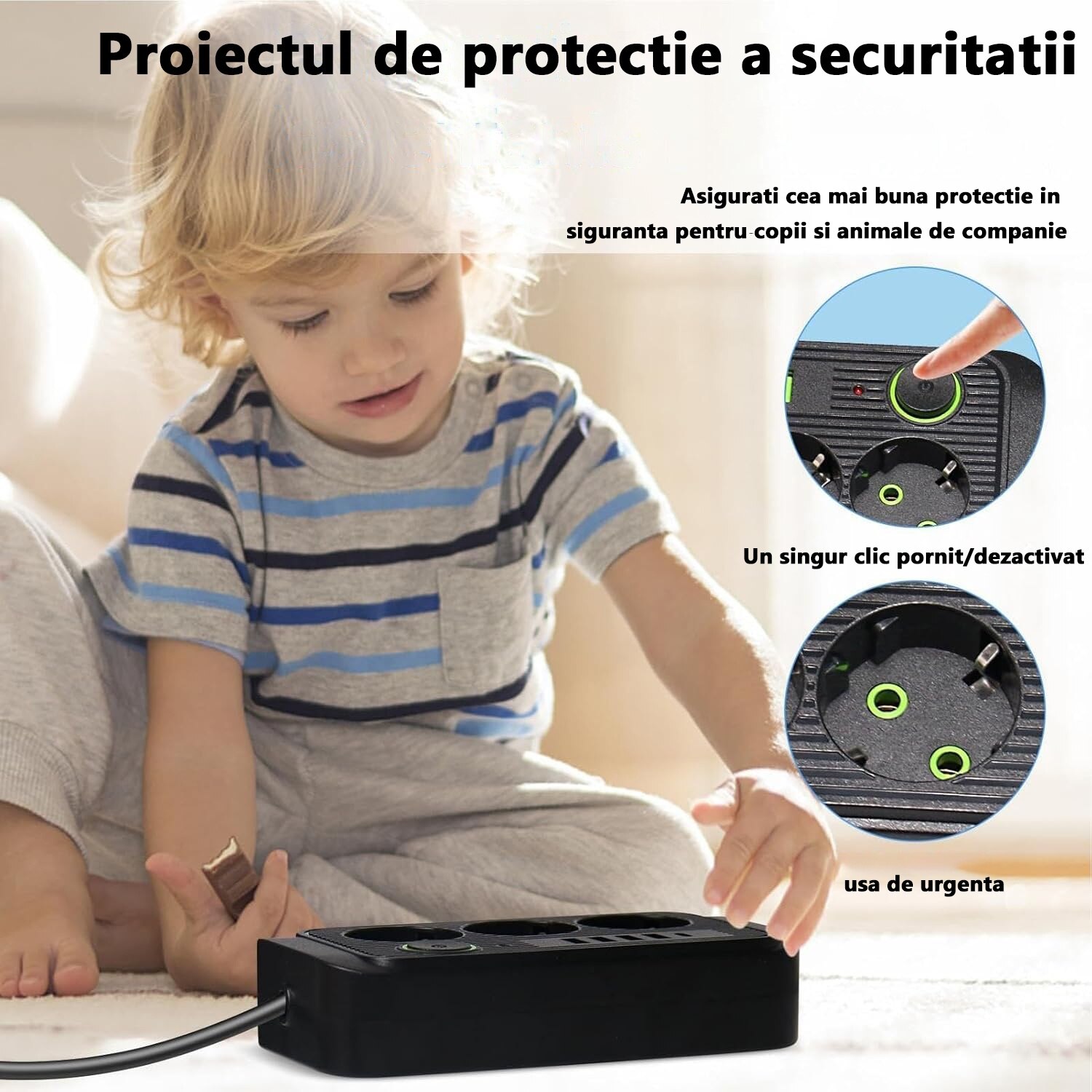 Prelungitor, BYONDSELF®, 2500W, 3 Prize, 4 USB A, 2M, cu 3 Capace de ...