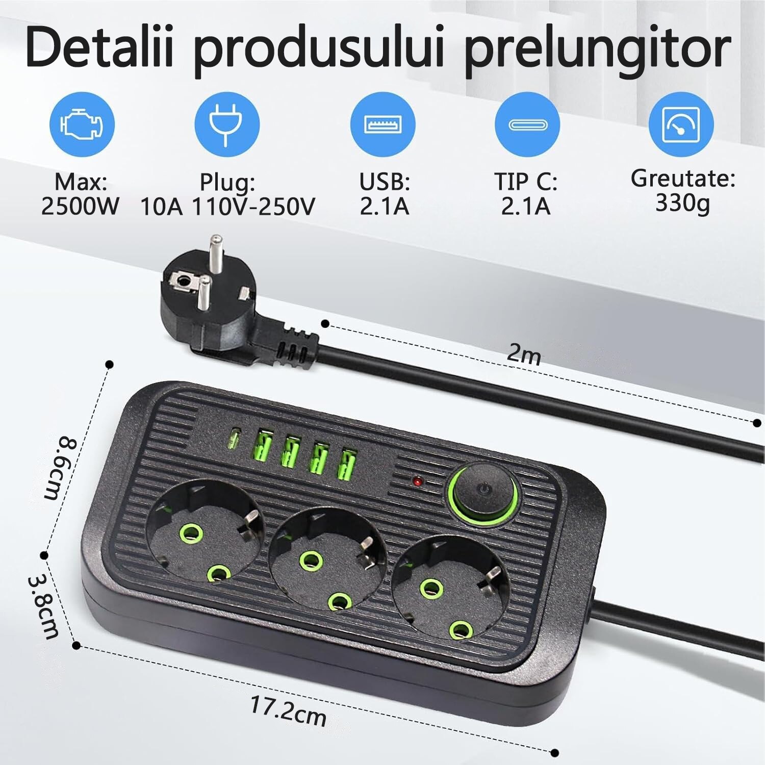 Prelungitor, BYONDSELF®, 2500W, 3 Prize, 4 USB A, 2M, cu 3 Capace de ...