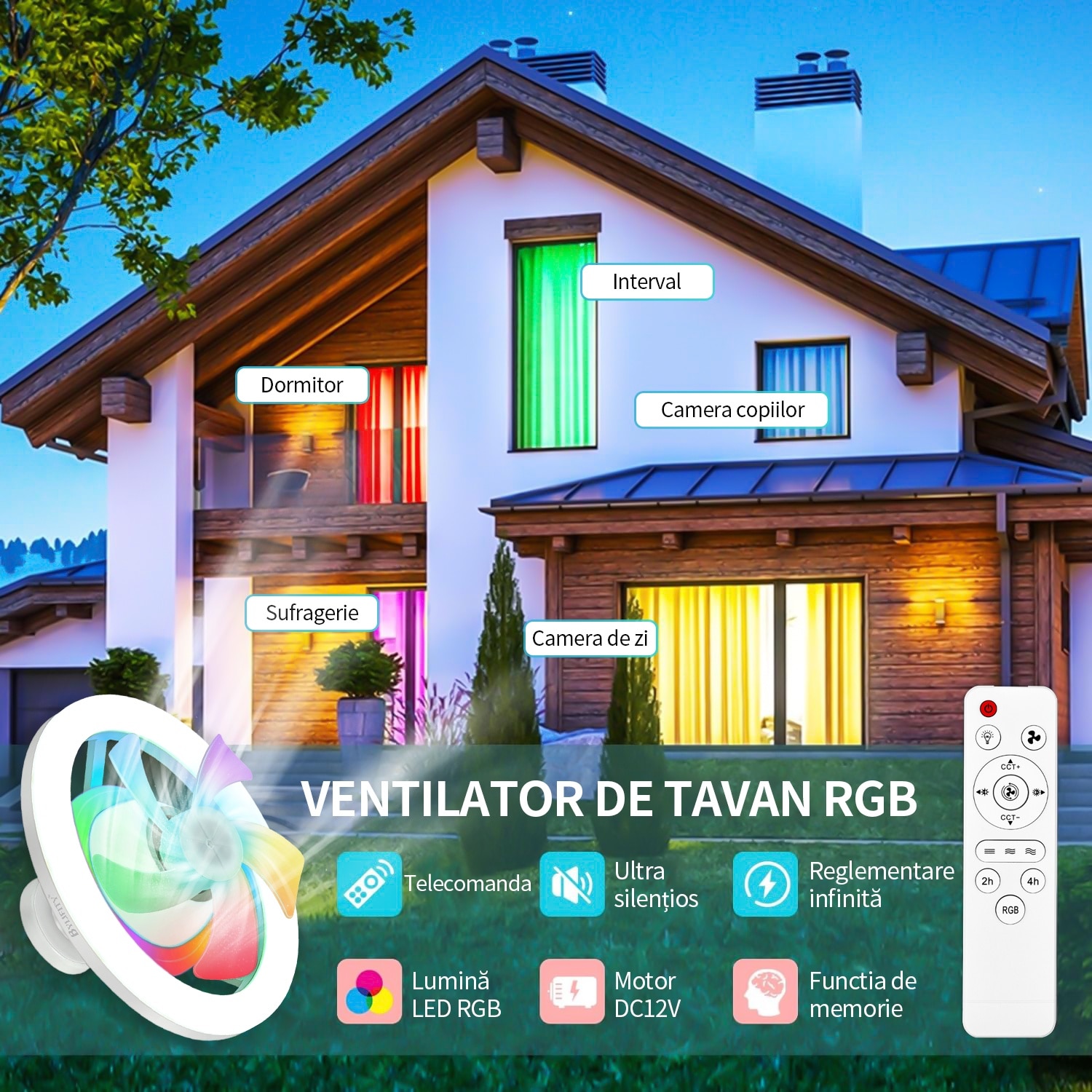 Ventilator tavan cu iluminare LED, BYLIFITY, G5463, Vara/Iarna Mod ...