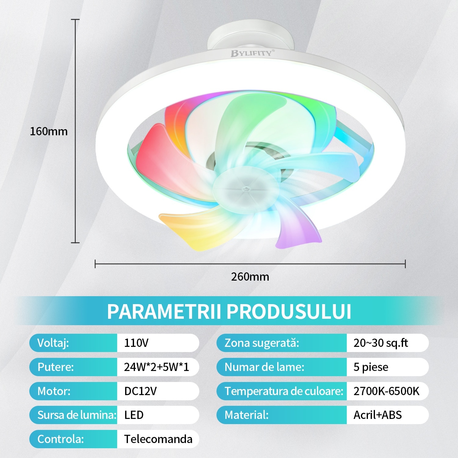 Ventilator tavan cu iluminare LED, BYLIFITY, G5463, Vara/Iarna Mod ...