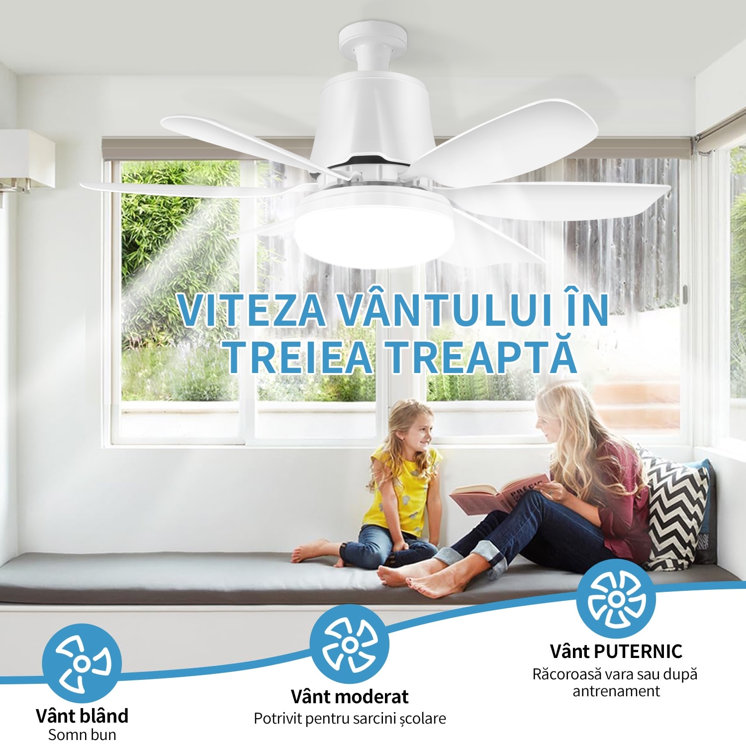 Ventilator tavan cu iluminare LED, BYLIFITY, G5482W, Silentios Motor ...