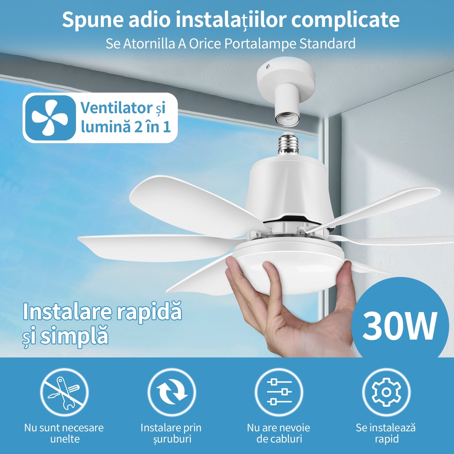 Ventilator tavan cu iluminare LED, BYLIFITY, G5482W, Silentios Motor ...