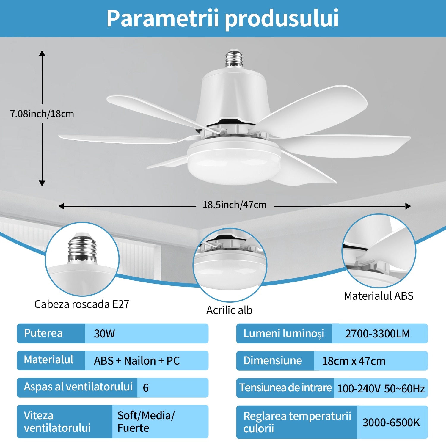 Ventilator tavan cu iluminare LED, BYLIFITY, G5482W, Silentios Motor ...