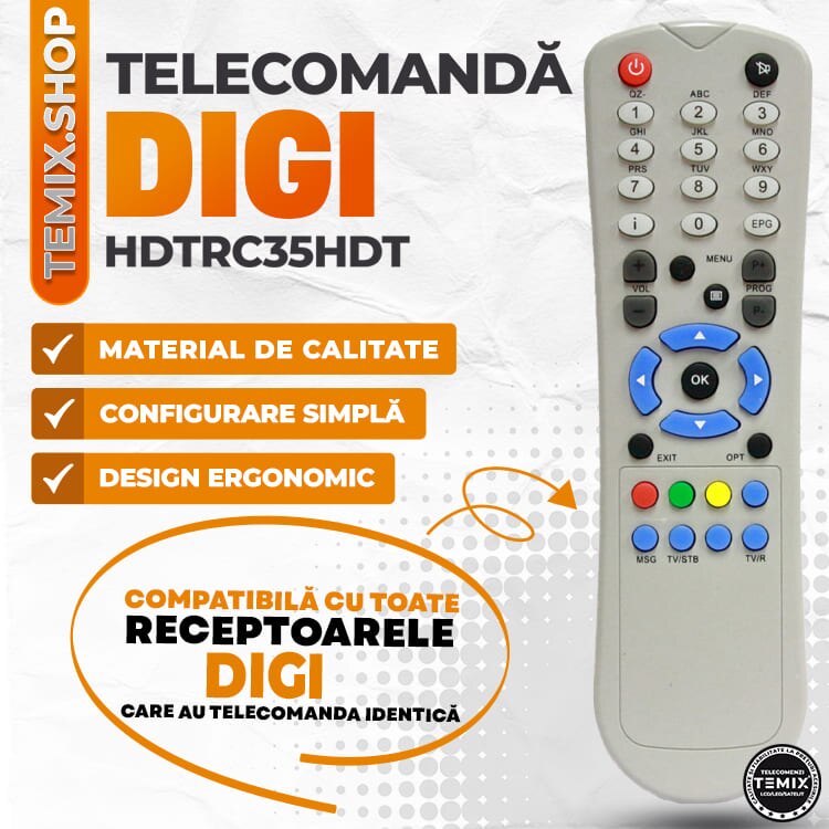 Telecomanda compatibila decodor Digi, HDTRC35HDT, TEMIX®, alba, baterii ...
