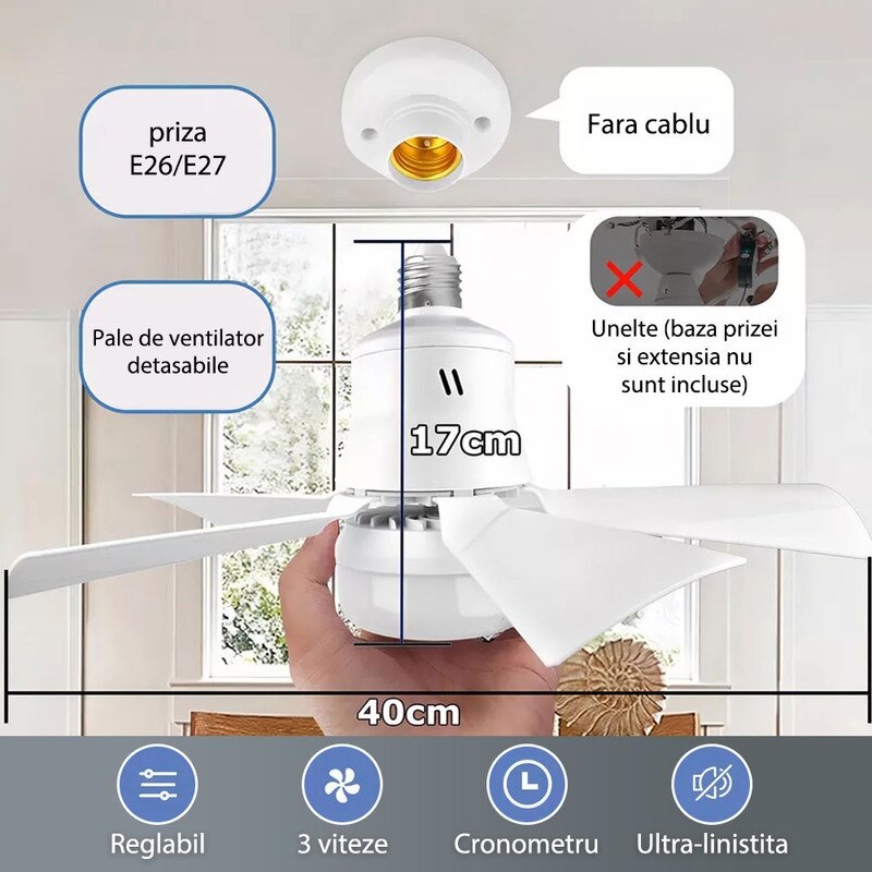 Ventilator cu lumina LED, LYNDNICE, Trei temperaturi de culoare ...