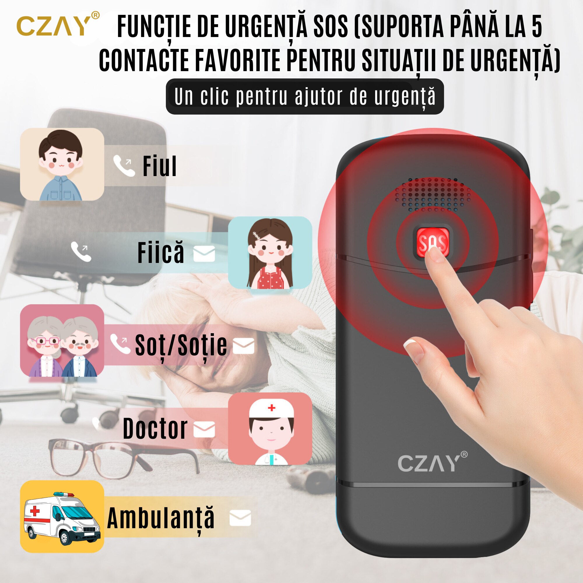 Telefon Mobil Seniori CZAY® cu Taste Mari si Buton SOS pentru Siguranta ...