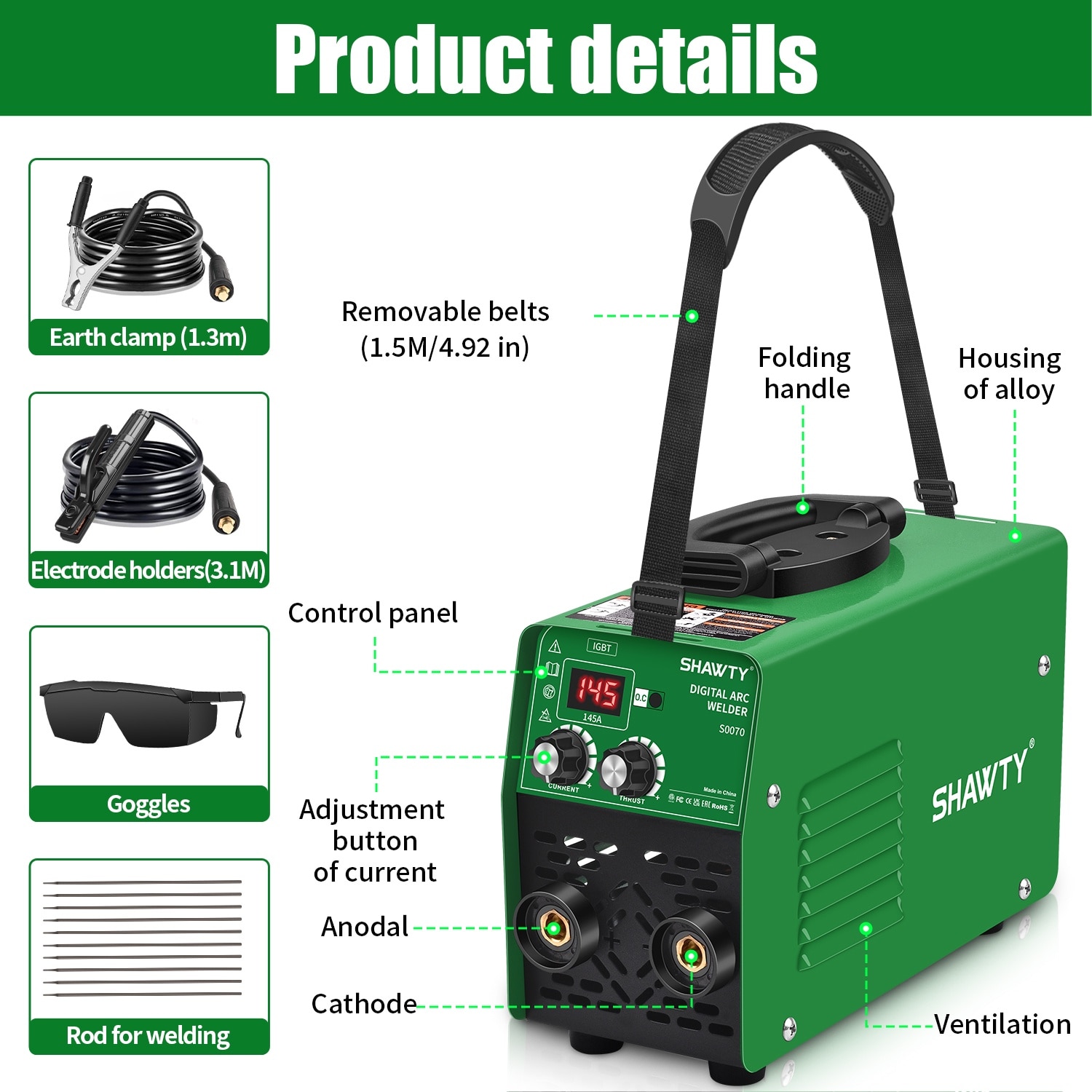 Aparat de Sudura, Shawty®, S0070, MMA, 20-145A, Afisaj Electronic LCD, Electrozi 1.6 - 3.2 mm ...