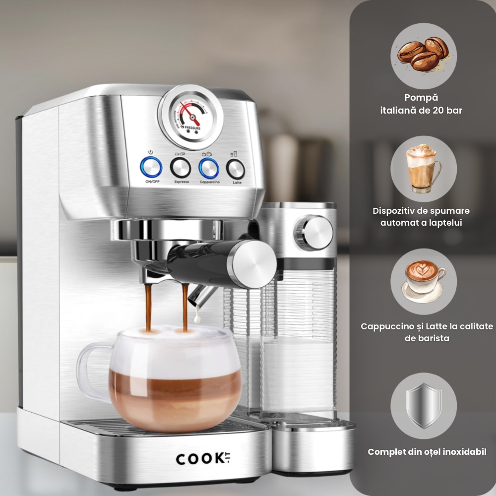 Espressor COOK-IT Inox, 20 Bar, 1350 W, 1, 3L, Pompa italiana, Sistem ...