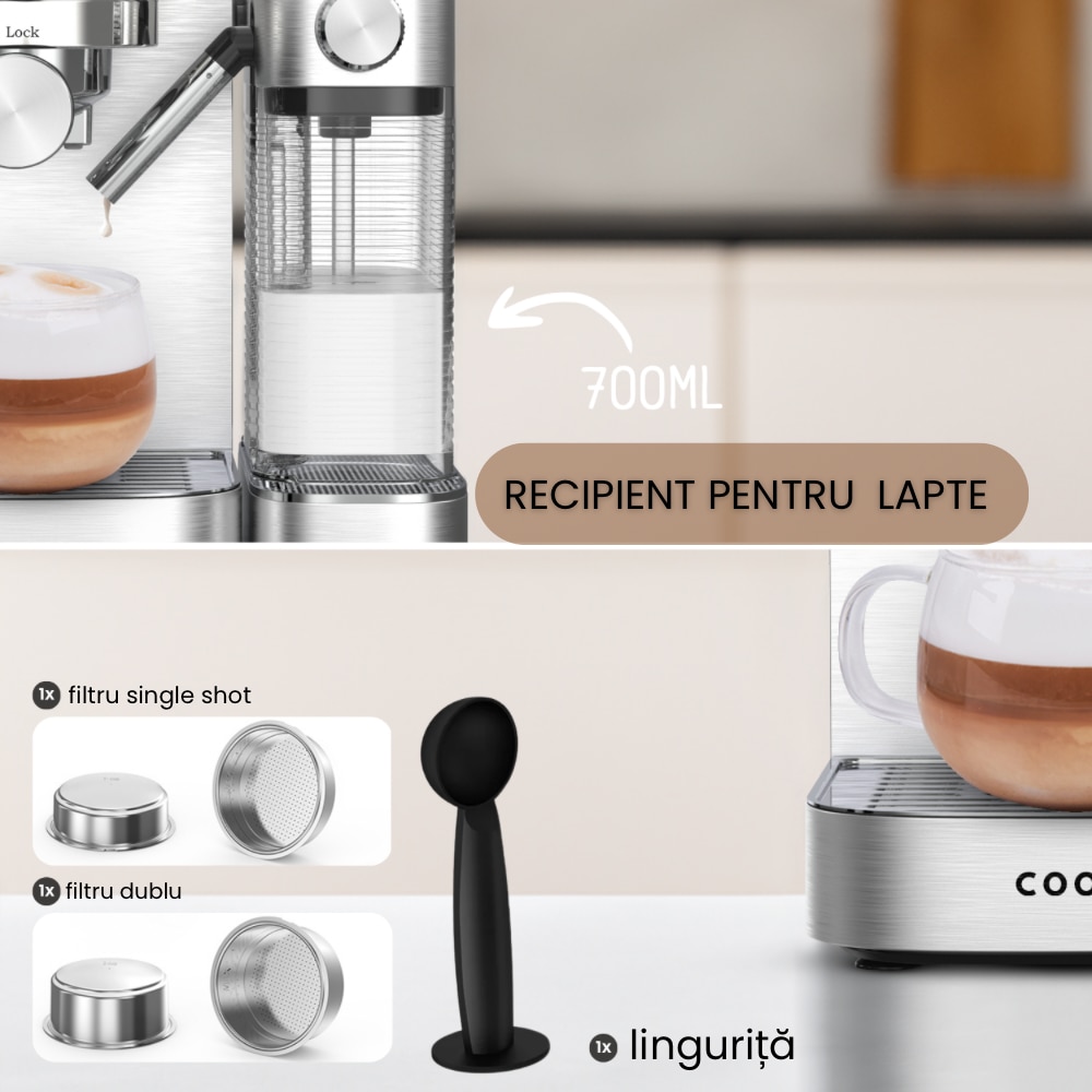 Espressor COOK-IT Inox, 20 Bar, 1350 W, 1, 3L, Pompa italiana, Sistem ...