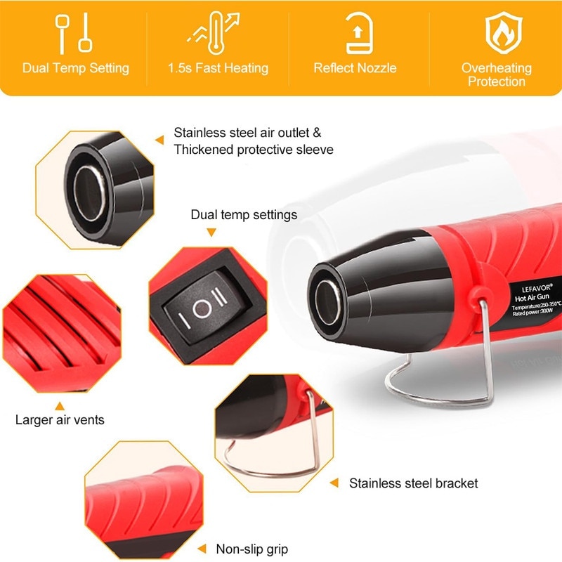 Suflanta aer cald, JESWO®, 300W, 2 trepte caldura 250/350°C, Rosu - eMAG.ro
