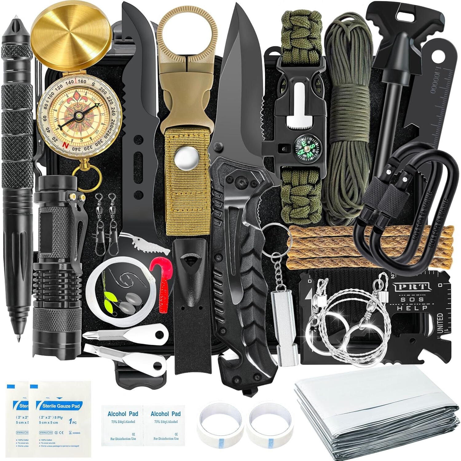 Kit echipament de supravietuire 37 in1, EXCITAT ®, Cutit/Busola ...