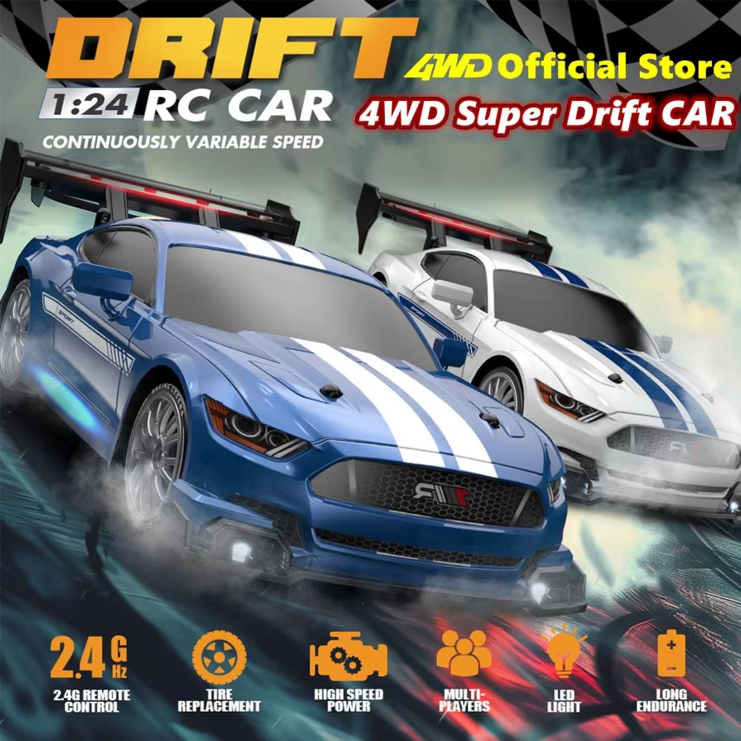 Masina cu telecomanda RC, Drift car, 30km/h, 2.4GHz, 4WD, lumini LED, 2 ...