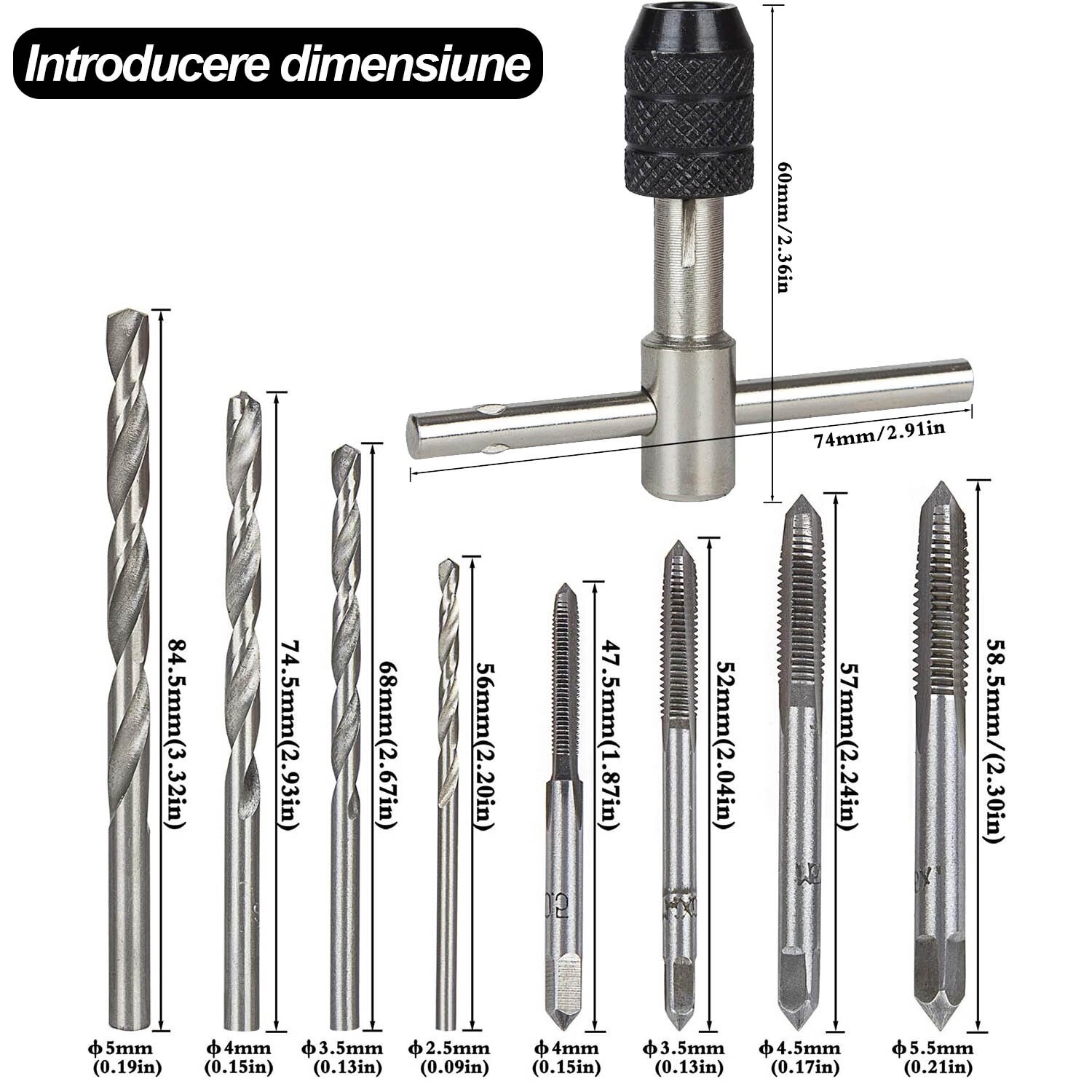 Set de 9 piese Cheie de filetat reglabila, cu maner in T, cu set de 5 ...