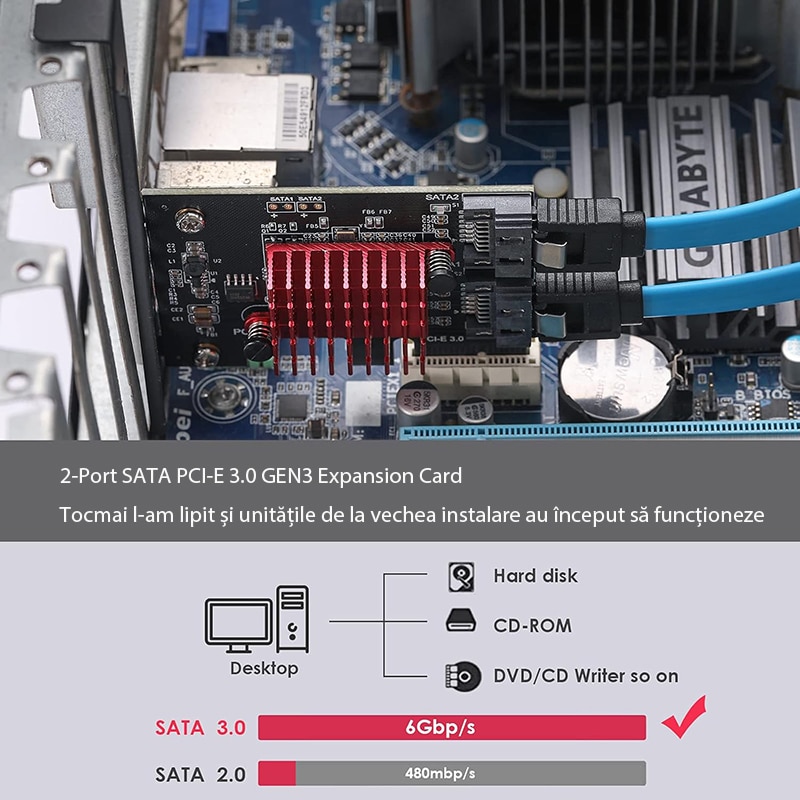 Разширителна карта, SATA 2 порта, Rqiurpn, PCI-E 3.0 GEN3, 6 Gbit/s ...