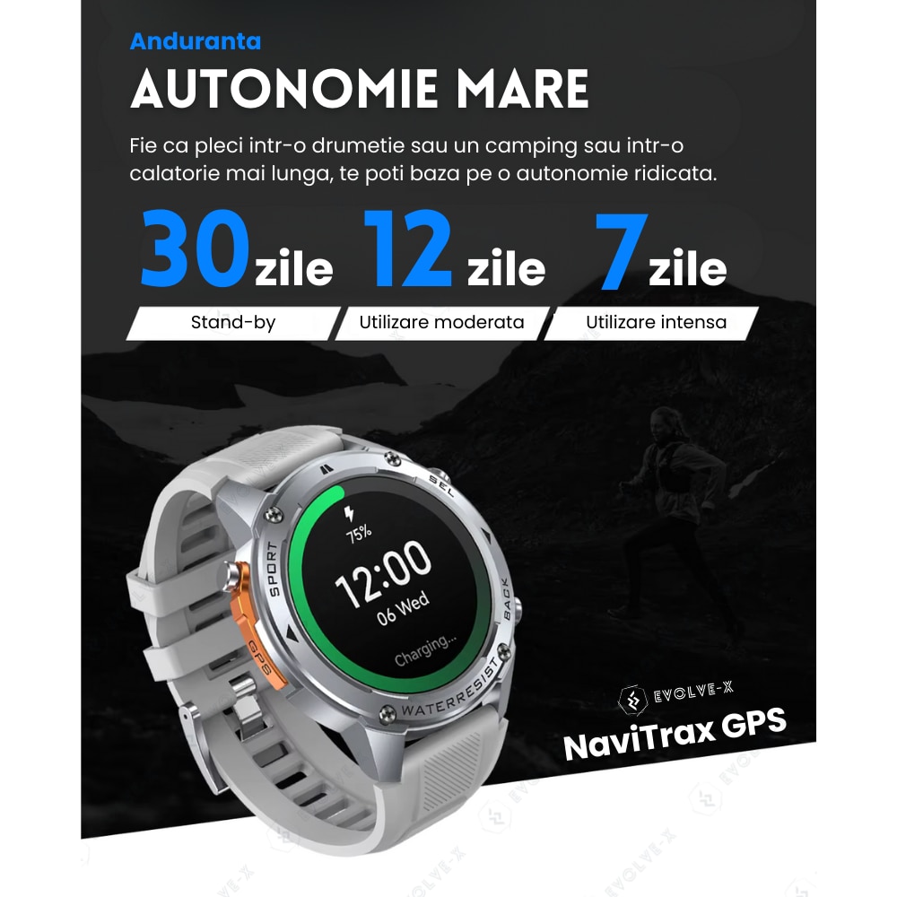 Ceas smartwatch Evolve-x® NaviTrax GPS, Super AMOLED, GPS Dual, Busola ...
