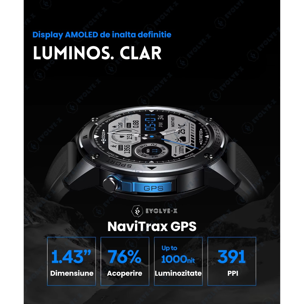 Ceas smartwatch Evolve-x® NaviTrax GPS, Super AMOLED, GPS Dual, Busola ...