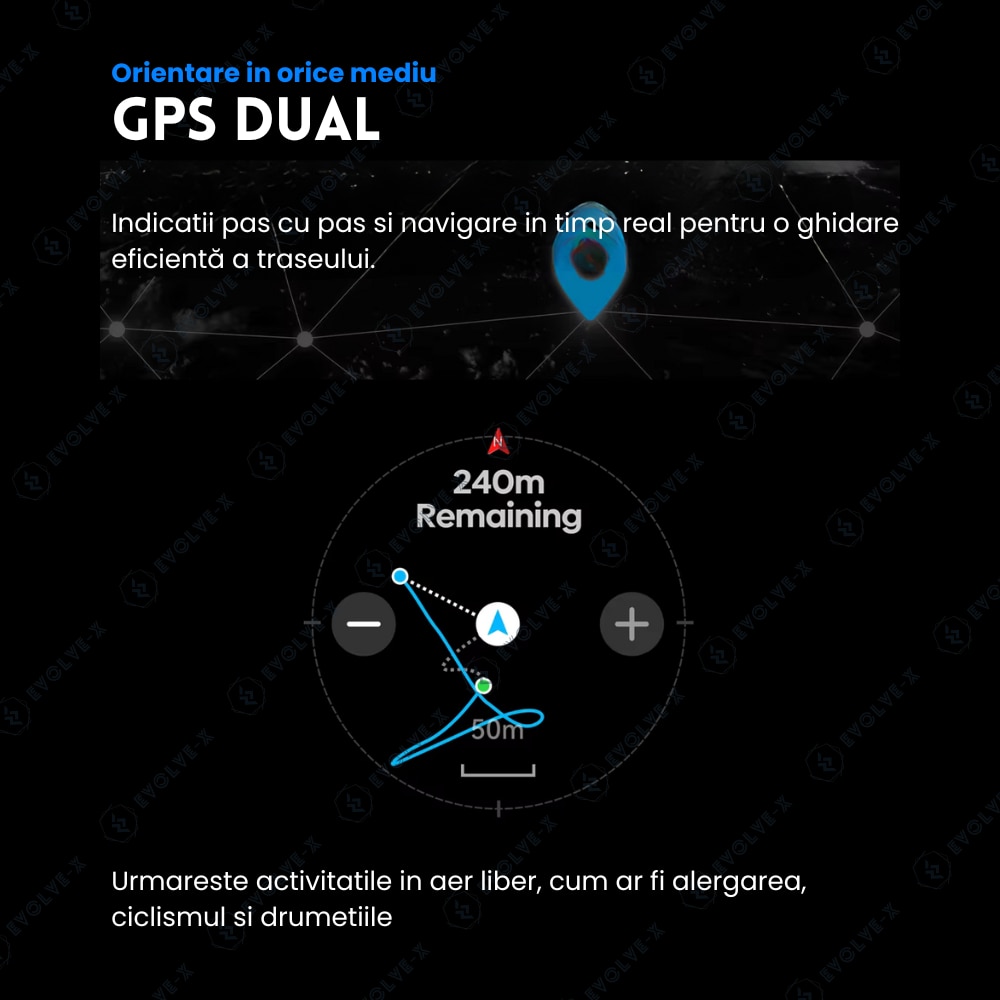 Ceas smartwatch Evolve-x® NaviTrax GPS, Super AMOLED, GPS Dual, Busola ...
