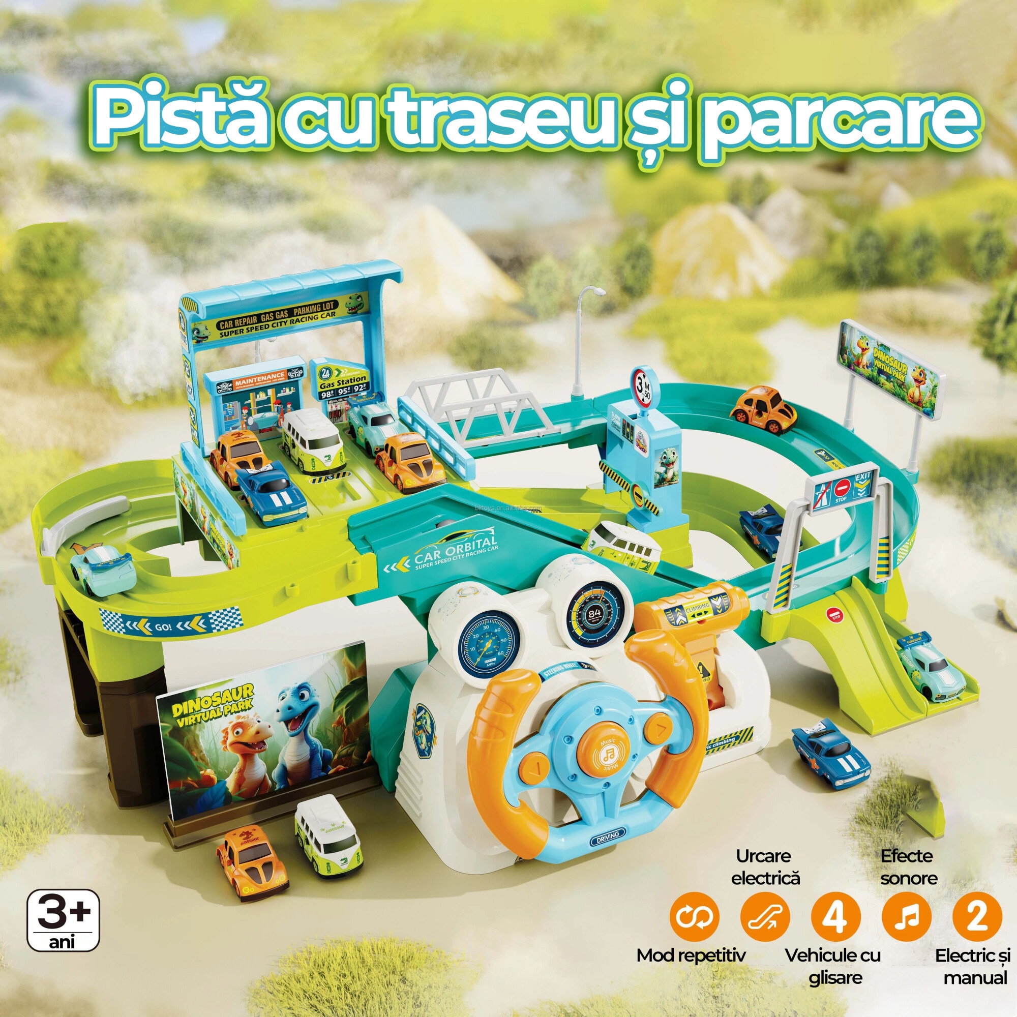 Set masinute cu volan si maneta de viteza Pitikot®, traseu, lift, pista ...