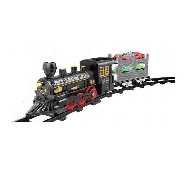 Trenulet electric cu sunete, lumini, fum si 2 masinute metalice - eMAG.ro