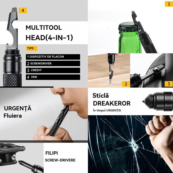 Pix tactic 8in1, ZOUN, inox, portabil, LED, negru - eMAG.ro