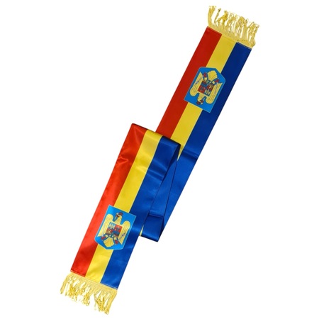 Esarfa Tricolora tip Fular cu Stema Romaniei, Satin dublu cu Franjuri ...