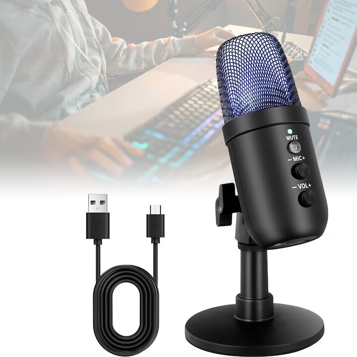 Microfon condensator, Lumina RGB, cardioid, USB, Reducere zgomot fundal ...