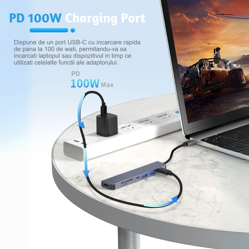 Adaptor Hub Multiport 7 in 1, USB Type-C la HDMI 4K UHDTV, PD 100W ...