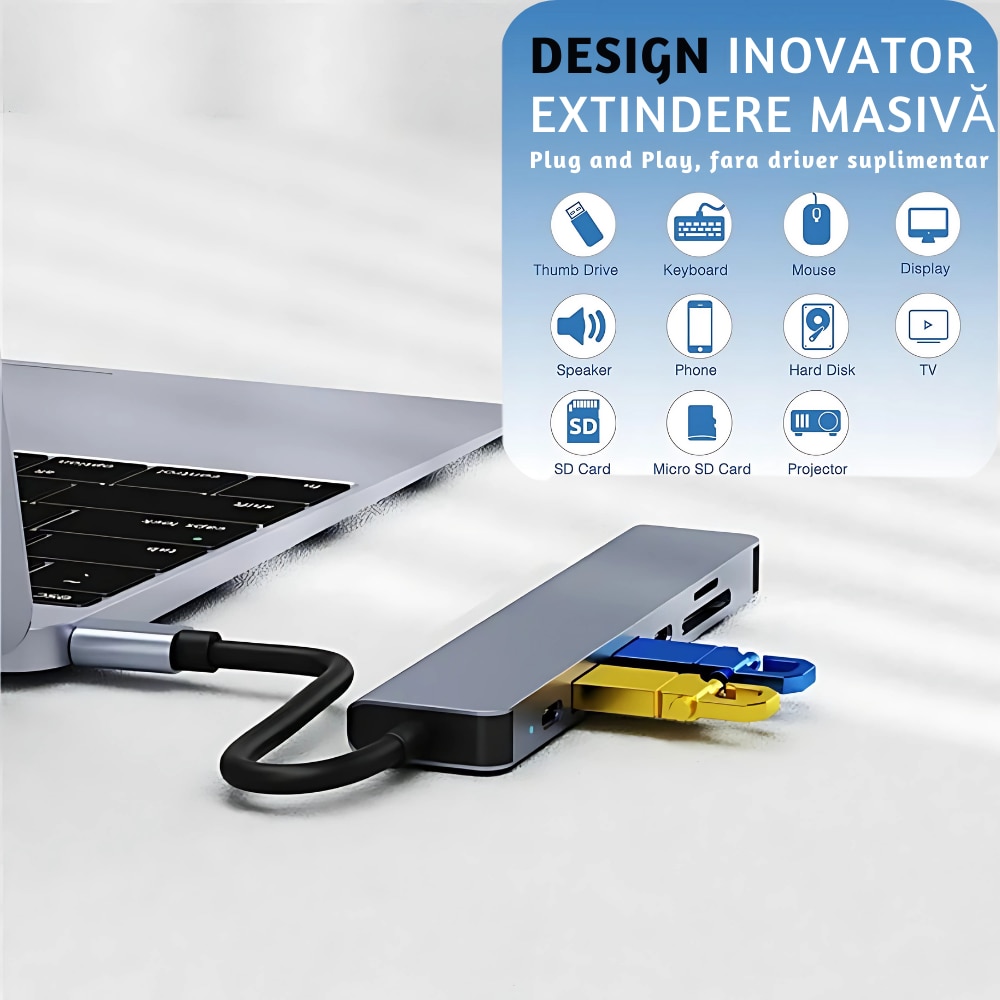 Adaptor Hub Multiport 7 in 1, USB Type-C la HDMI 4K UHDTV, PD 100W ...